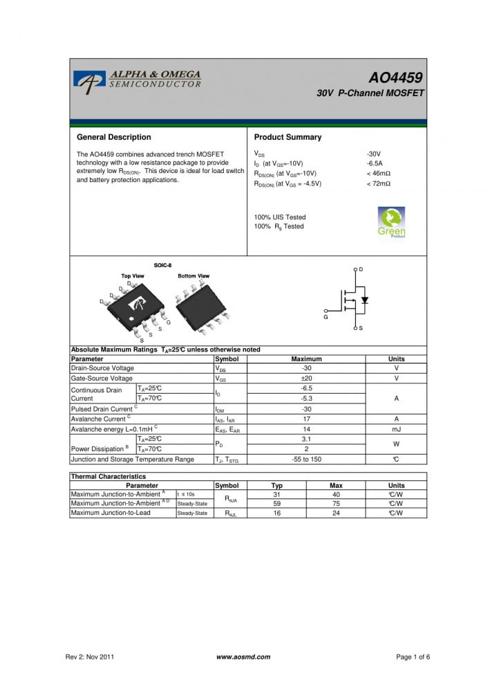 AO4459 datasheet page 1