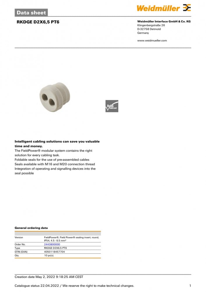 WEIDMULLER 2443800000 technical document page 1