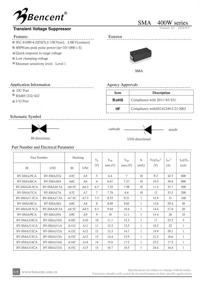 Bencent BV-SMAJ15CA datasheet page 1