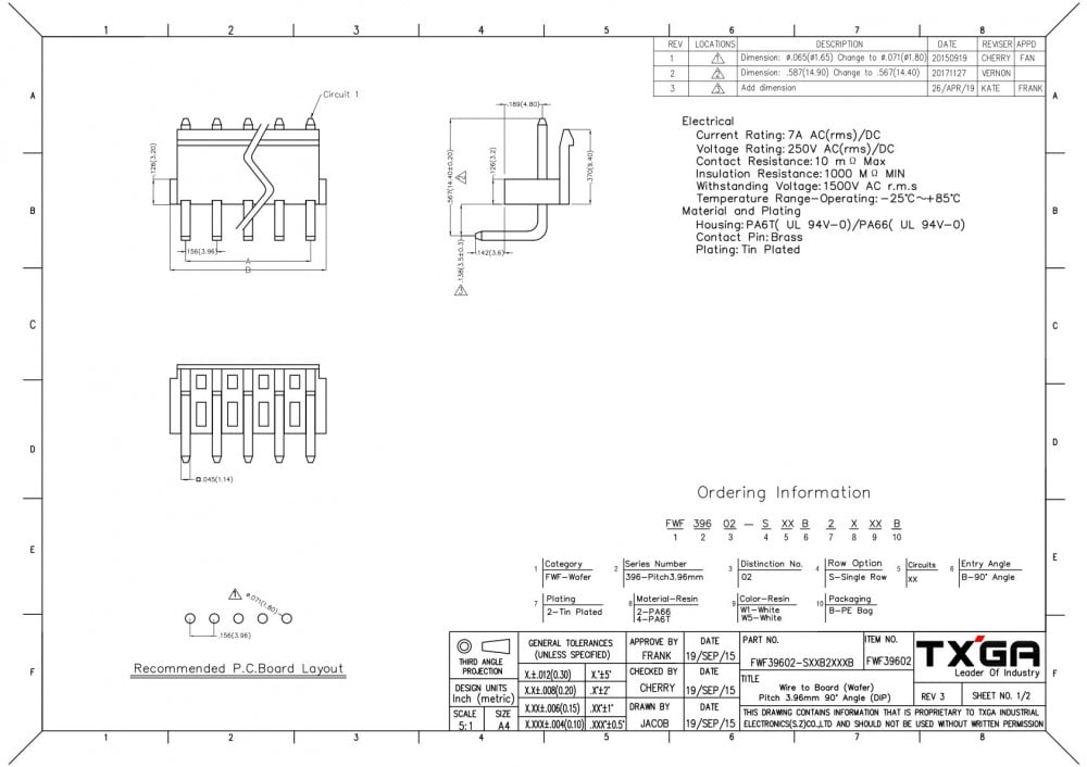TXGA FWF39602 series technical drawing page 1