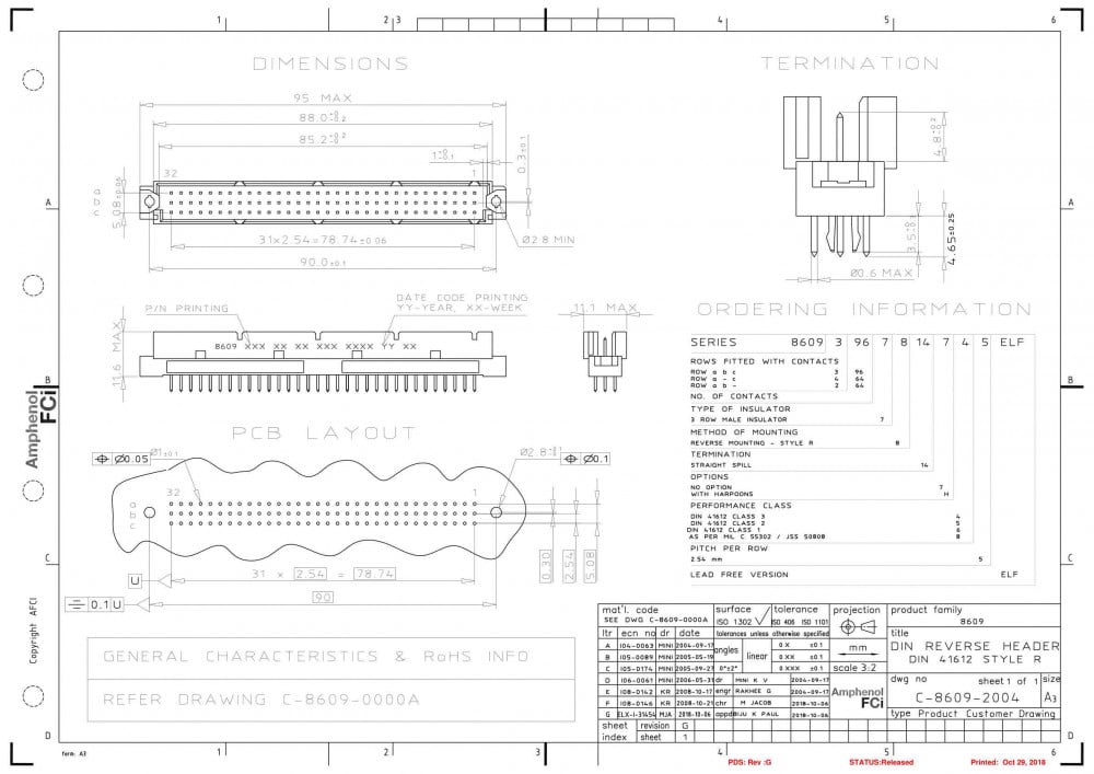 Amphenol 8609 DIN reverse header product drawing