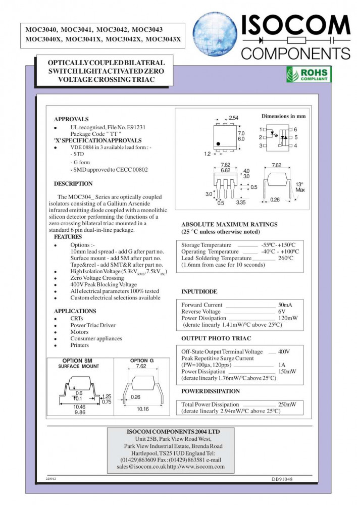 ISOCOM MOC3043 technical document page 1