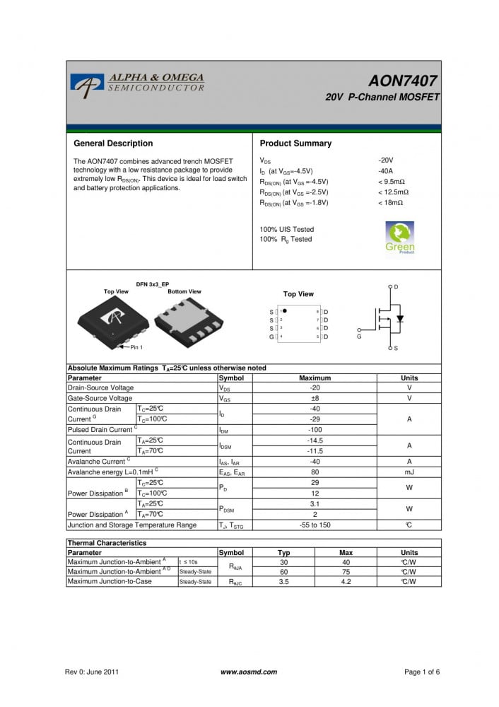 AON7407 datasheet page 1