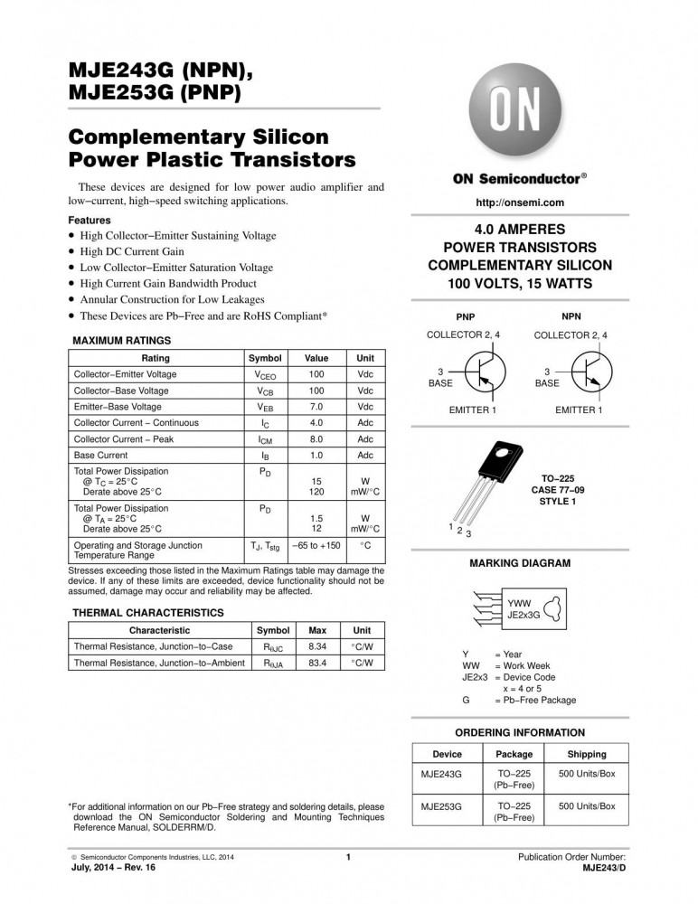 MJE253G datasheet page 1