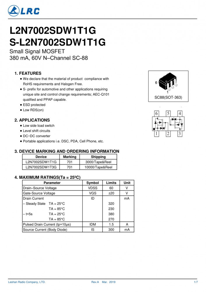 L2N7002SDW1T1G datasheet page 1