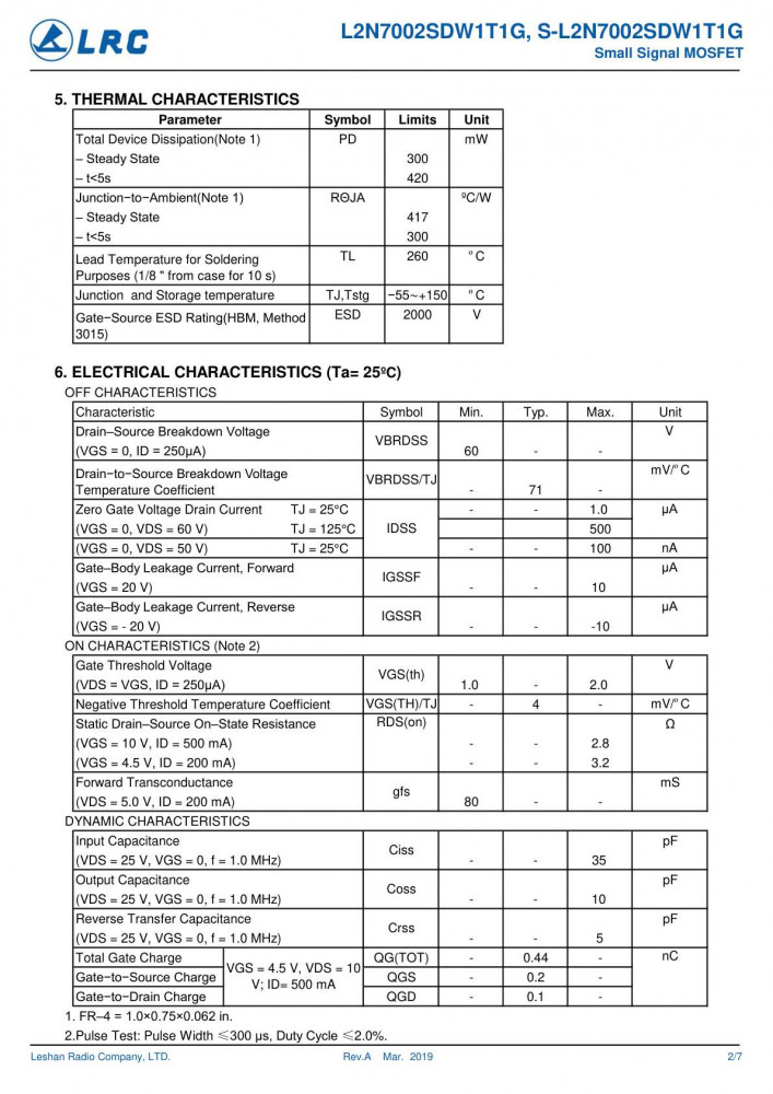 L2N7002SDW1T1G datasheet page 2