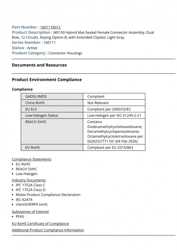 MOLEX 1601116012 product document preview, page 1