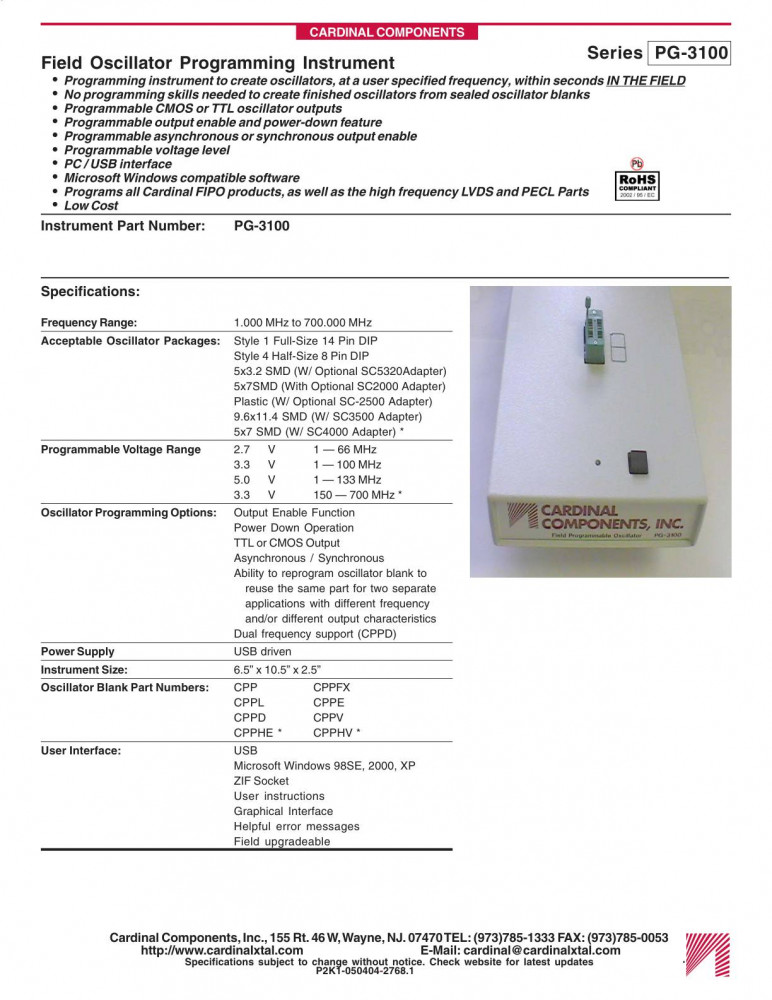 PG3100 field oscillator programming instrument document image