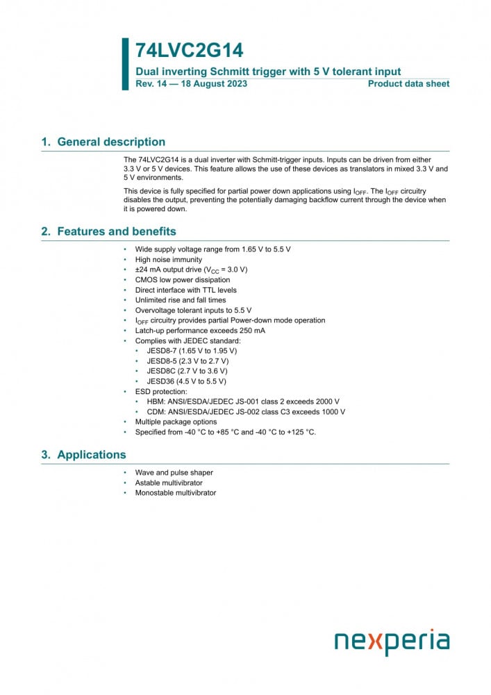 74LVC2G14 datasheet page 1
