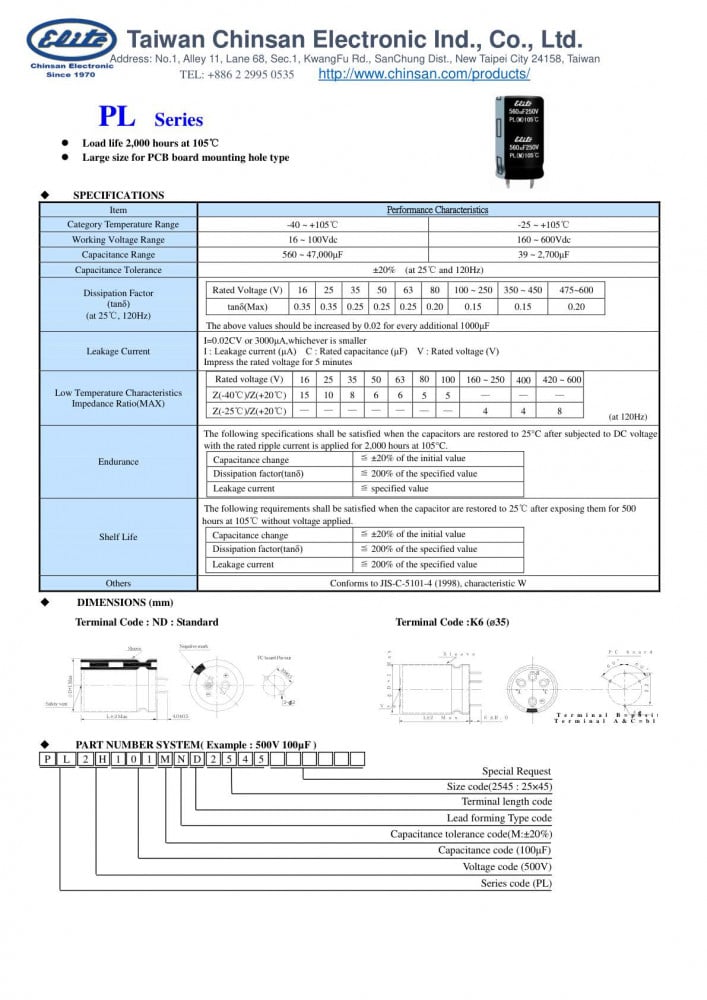 Chinsan PL series datasheet page 1
