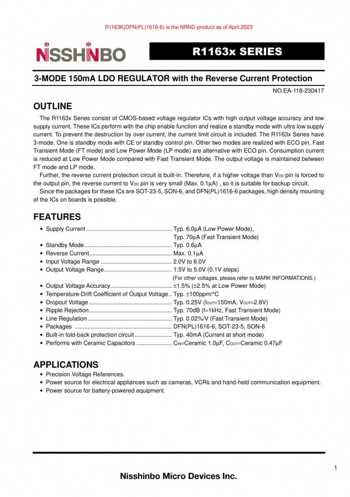 R1163 datasheet page 1