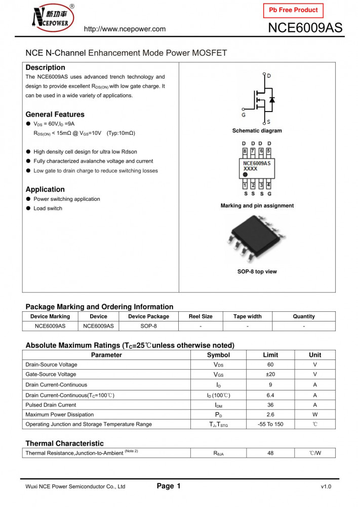 NCE6009AS datasheet page 1