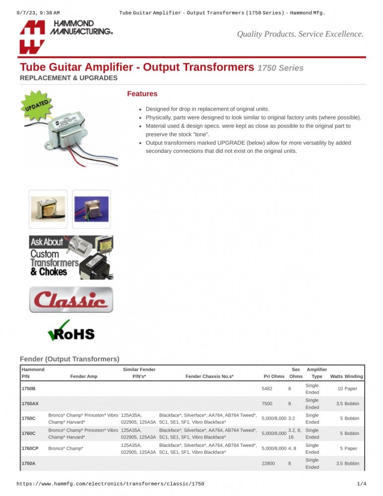 Hammond 1750 Series documentation page 1