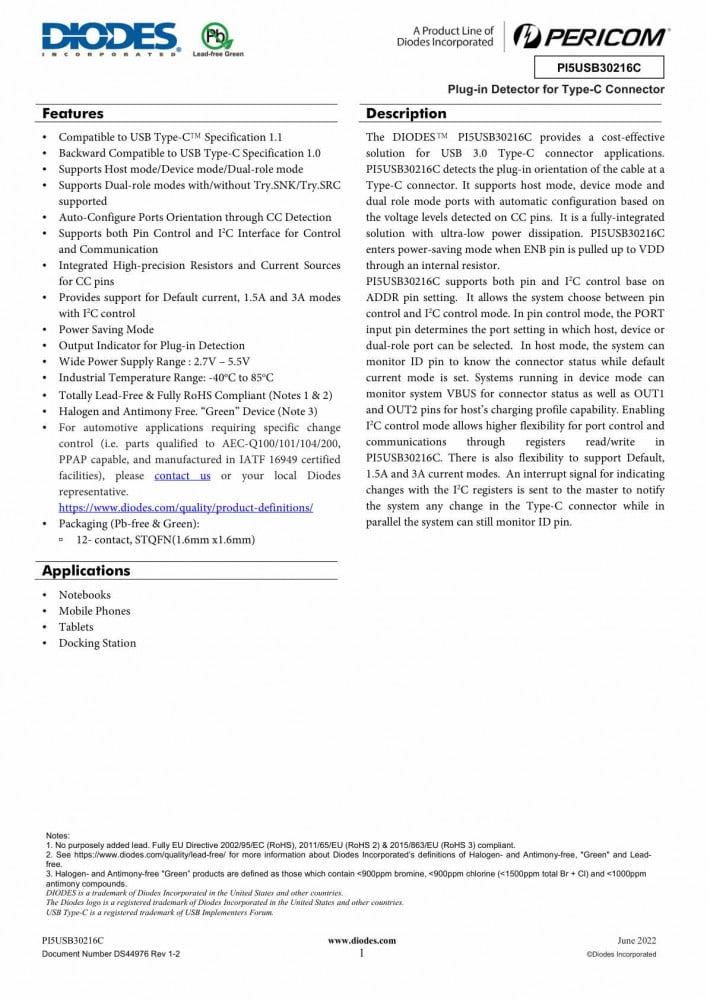 PI5USB30216CXUAEX datasheet page 1