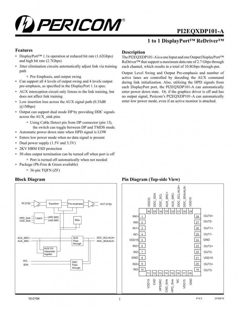 PI2EQXDP101-AZFEX datasheet page 1