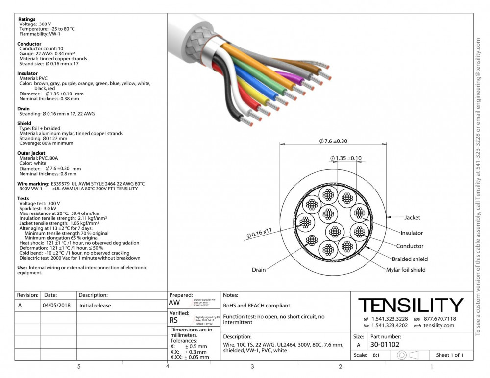 Tensility International 30-01102 cable specification drawing