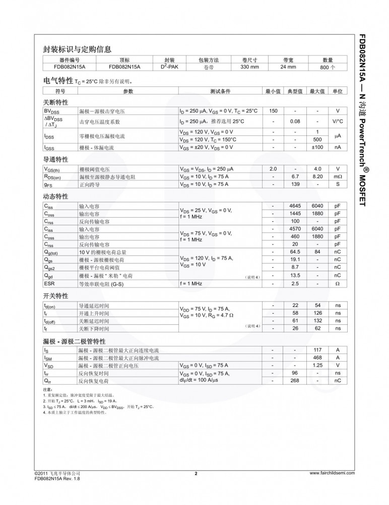 FDB082N15A datasheet page 3