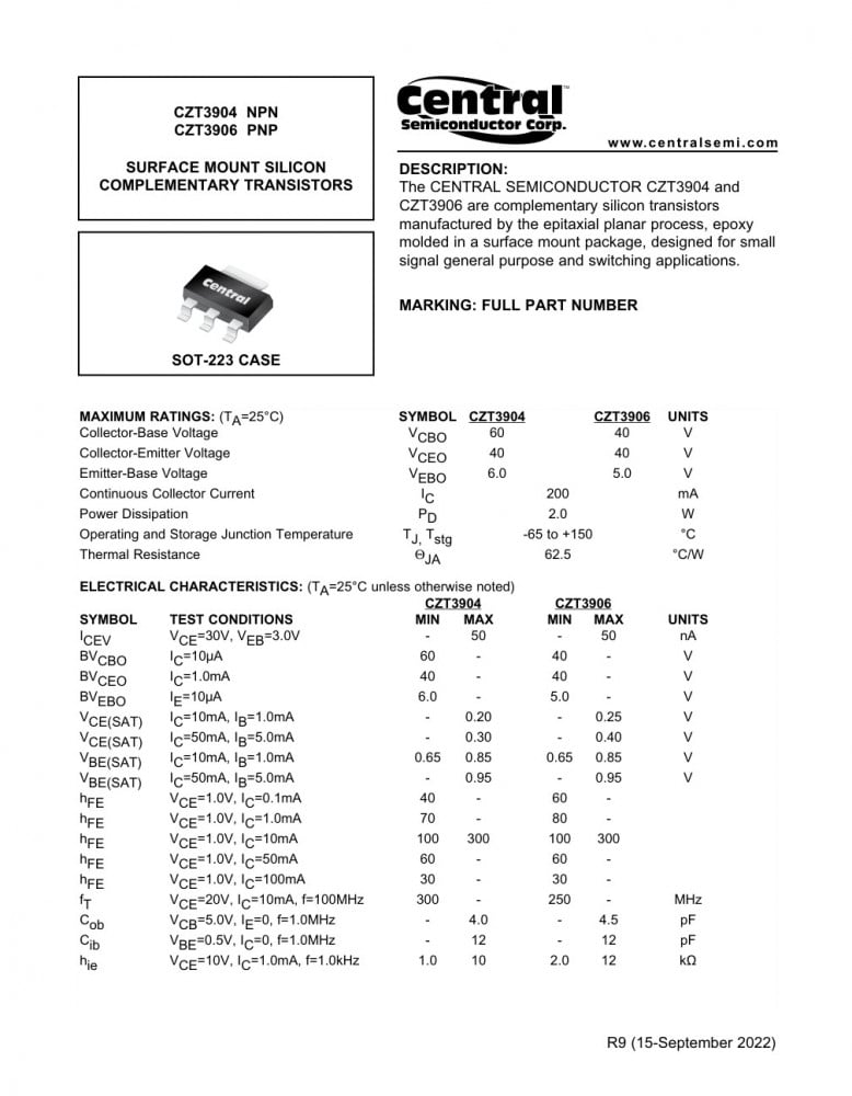 CZT3904 and CZT3906 electrical specifications