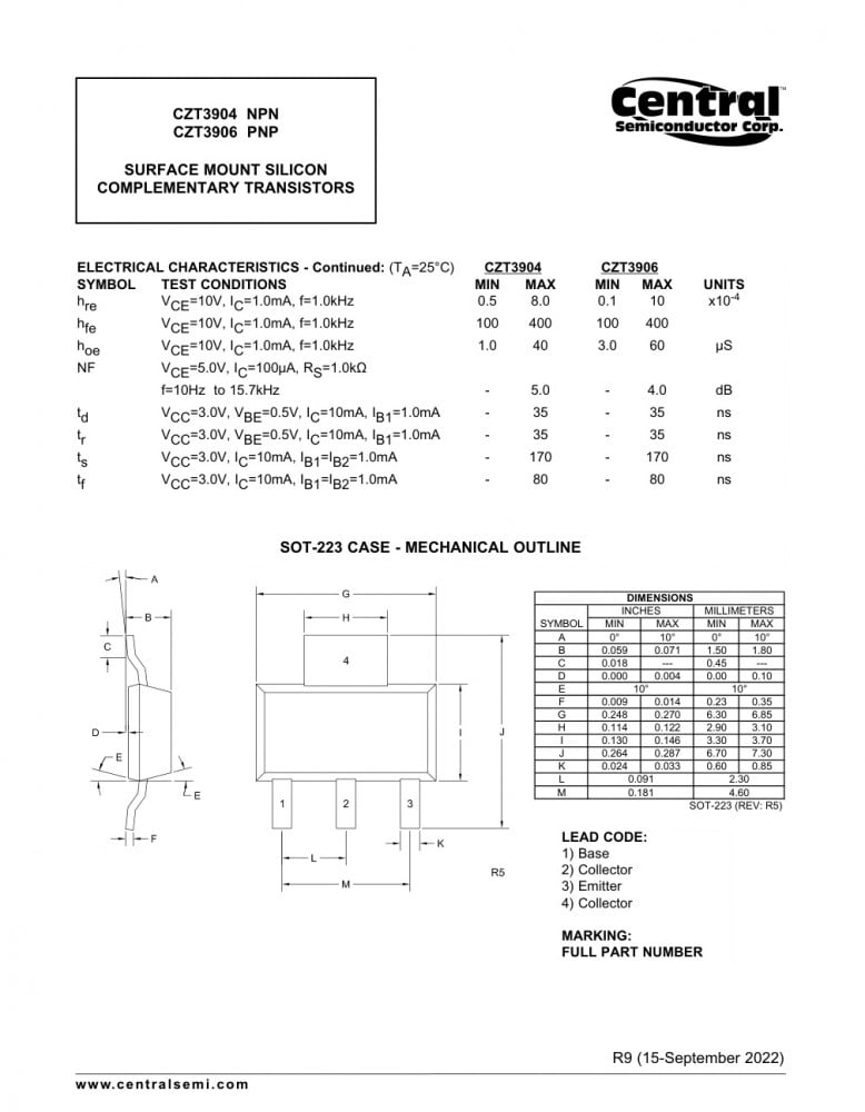 CZT3904 SOT-223 mechanical outline