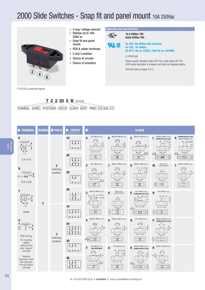Bulgin 2000 Series slide switch catalogue page 1