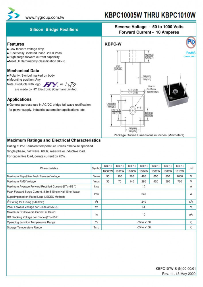 KBPC1010W technical document page 1