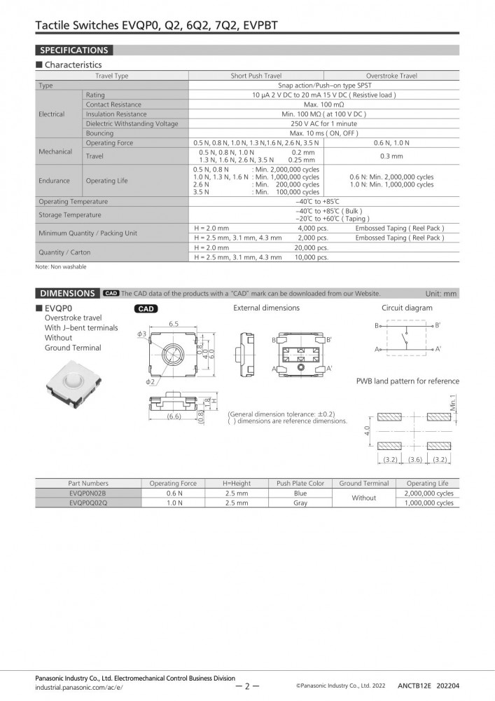 Panasonic tactile switch catalogue page 3