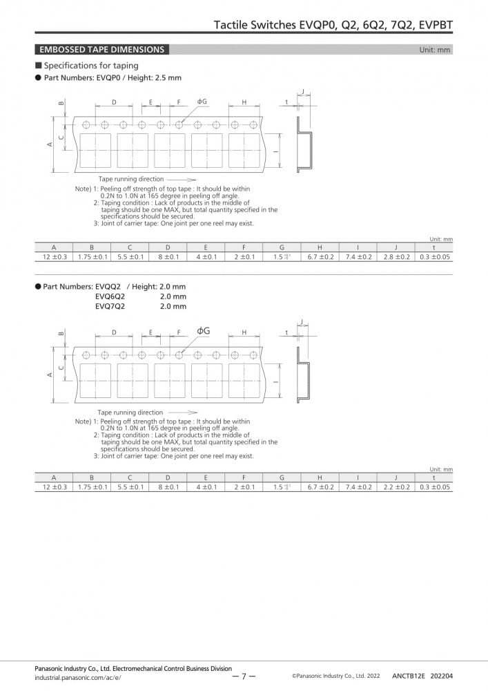 Panasonic tactile switch catalogue page 8