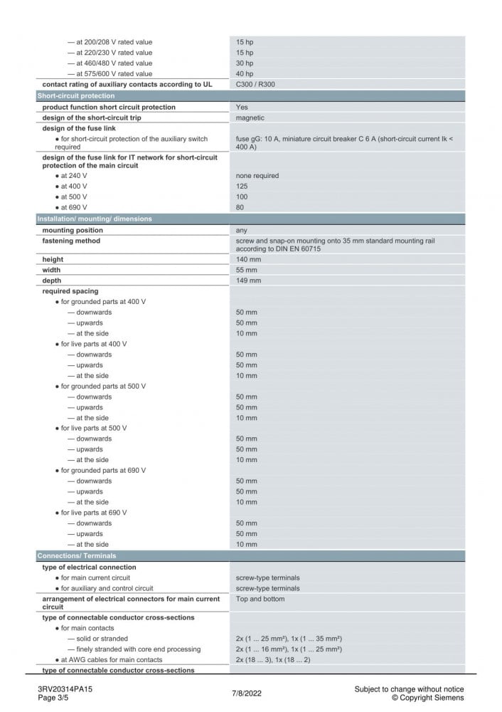 3RV20314PA15 datasheet page 3