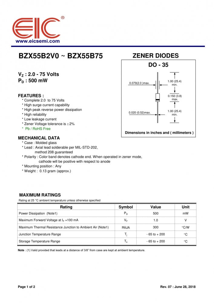 EIC BZX55B series datasheet page 1