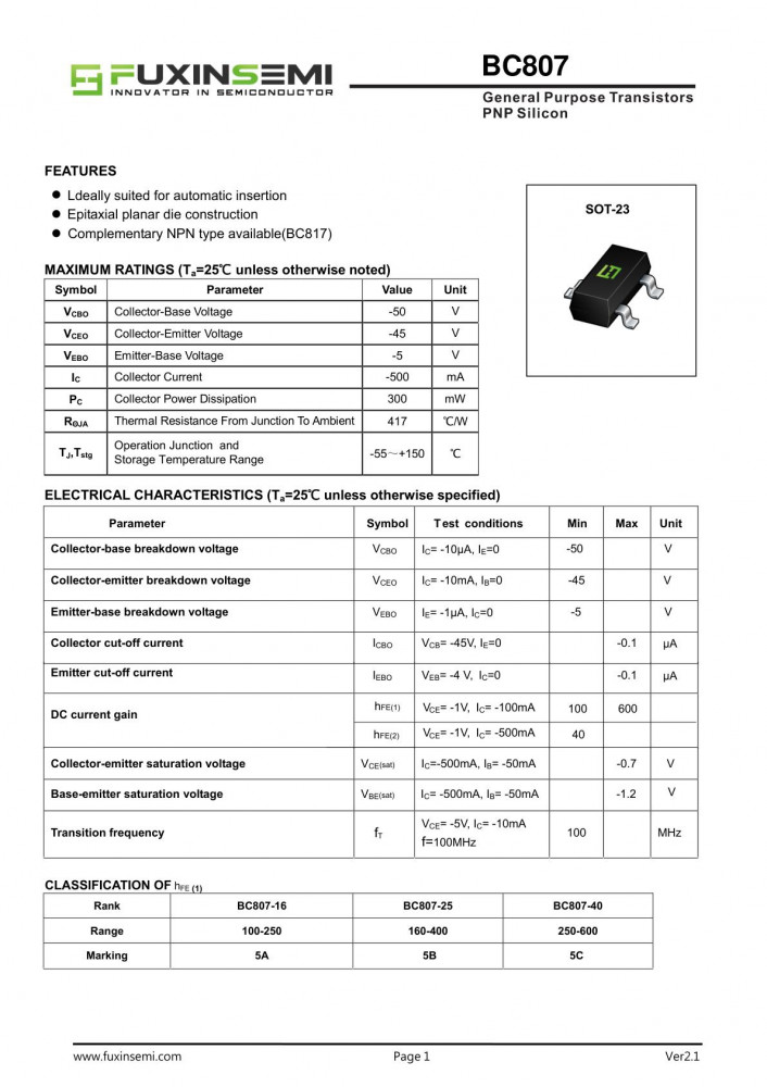 BC807-25 datasheet page 1