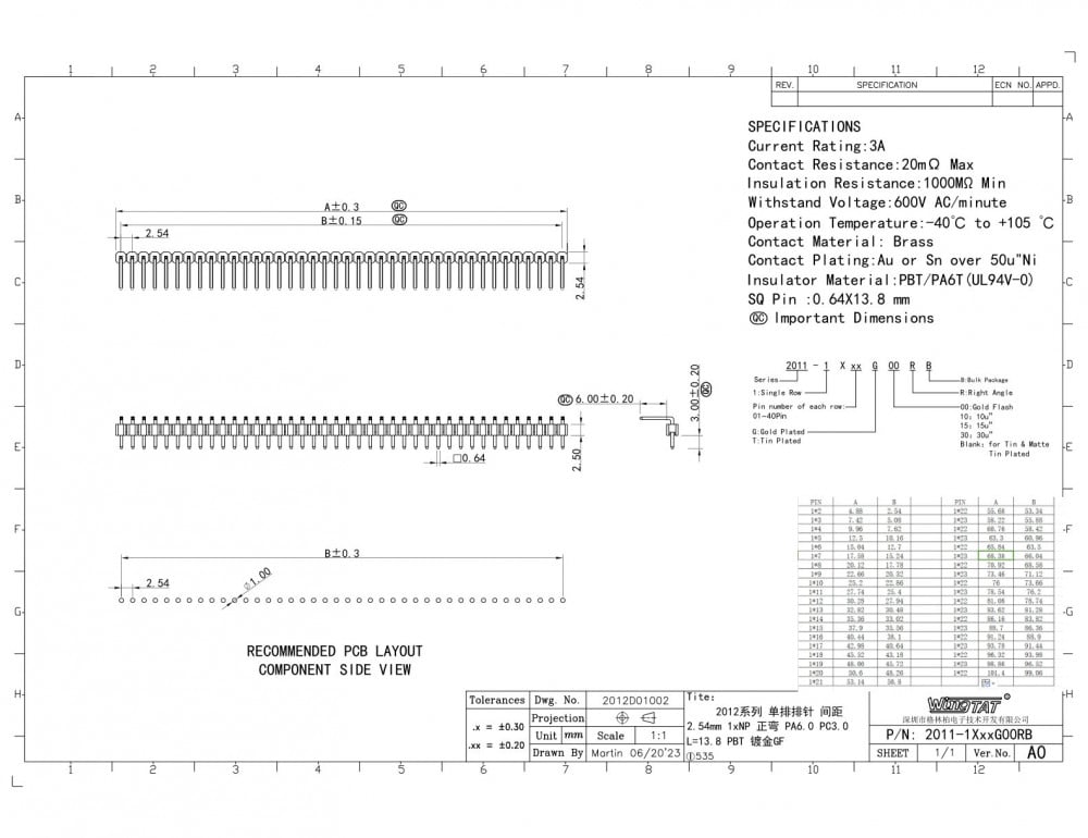 WingTAT 2011 series single-row 2.54 mm right-angle pin header drawing
