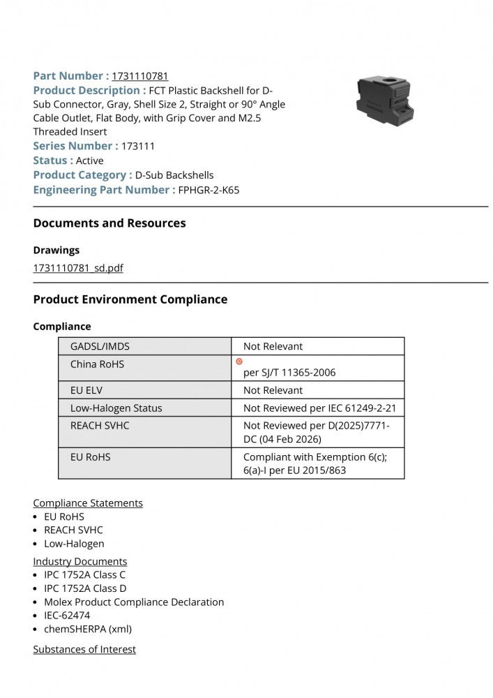 Technical drawing image, page 1 for MOLEX 1731110781