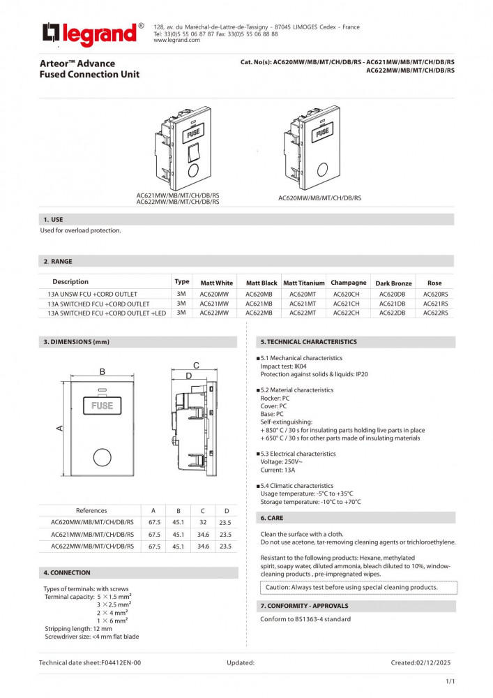 Legrand Arteor Advance AC620MW technical document page