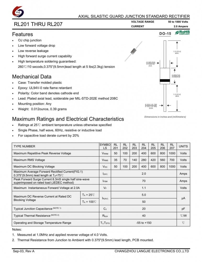 RL207 datasheet page 1