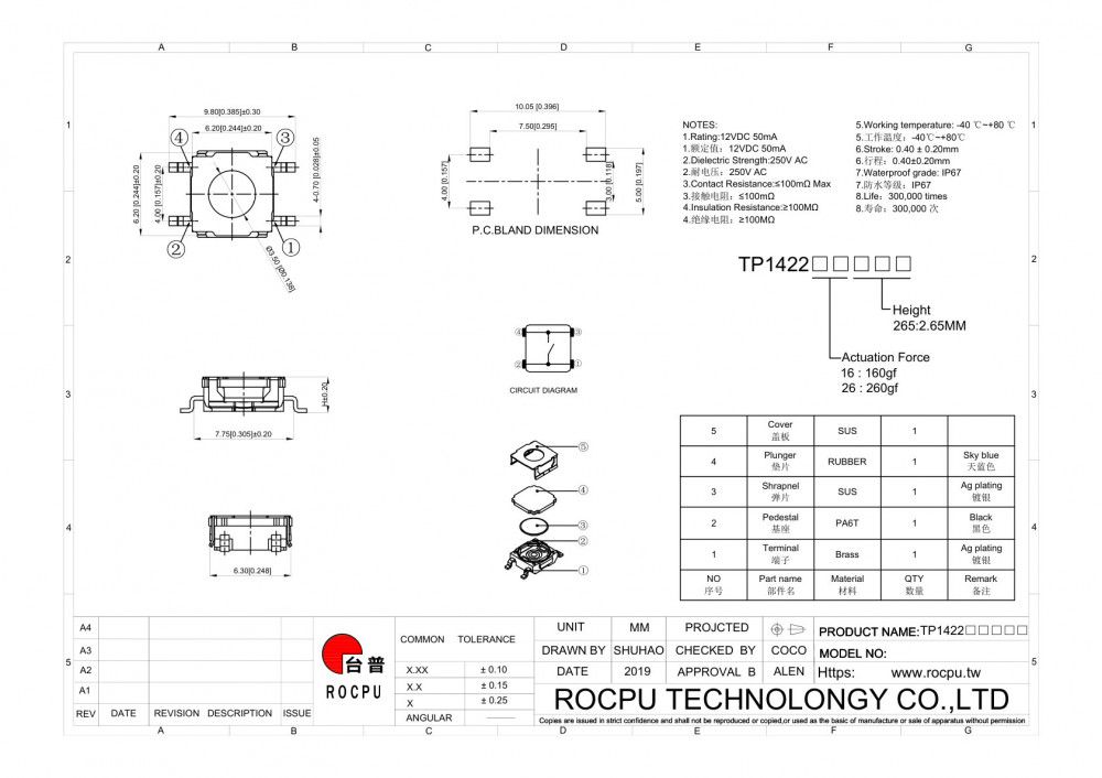 ROCPU TP142 product drawing and technical information