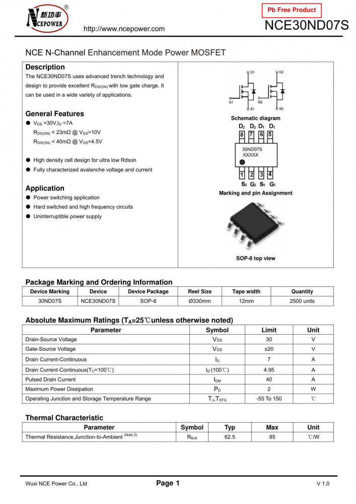 NCE30ND07S datasheet page 1