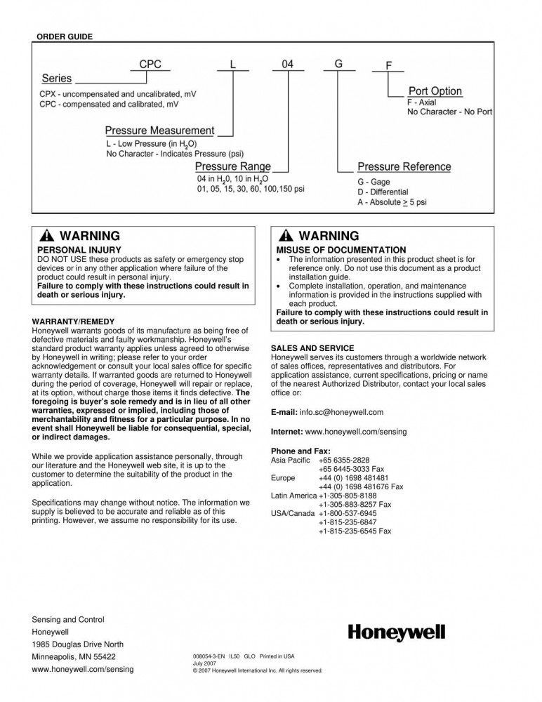 CPC and CPX pressure sensor datasheet page 4