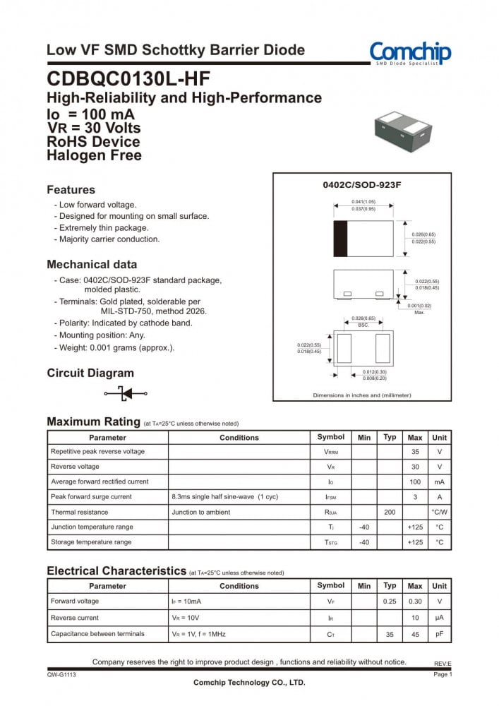 CDBQC0130L-HF datasheet page 1