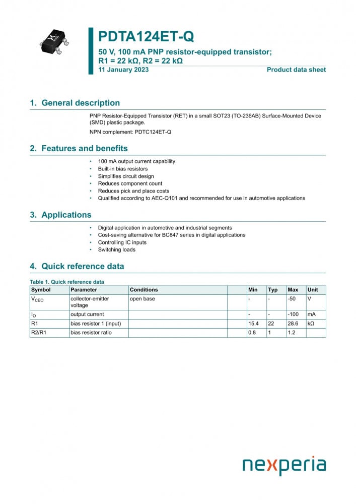 PDTA124ET-QR datasheet page 1