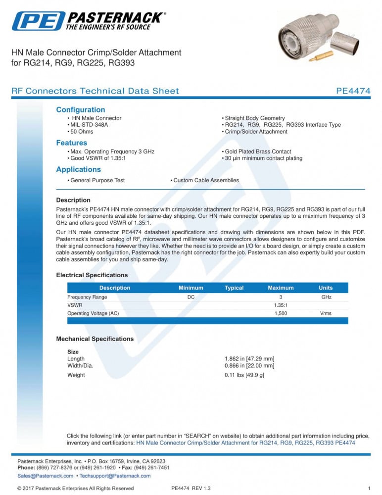 Pasternack PE4474 technical document page 1