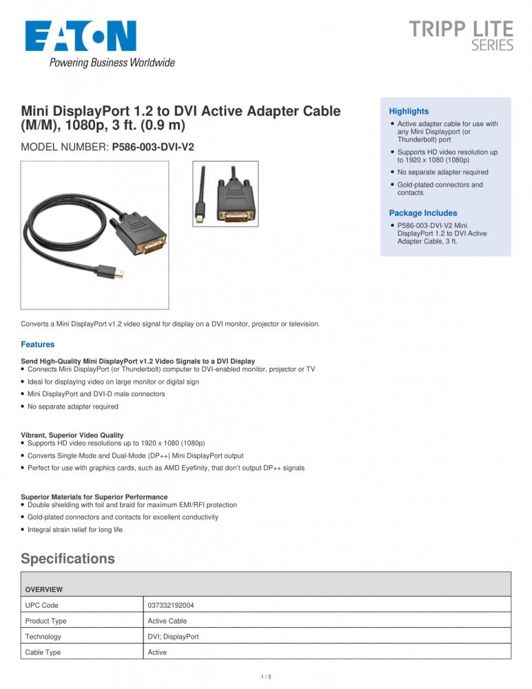 P586-003-DVI-V2 technical document page 1
