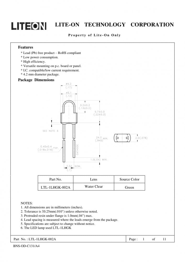 LTL-1LHGK-002A datasheet page 2