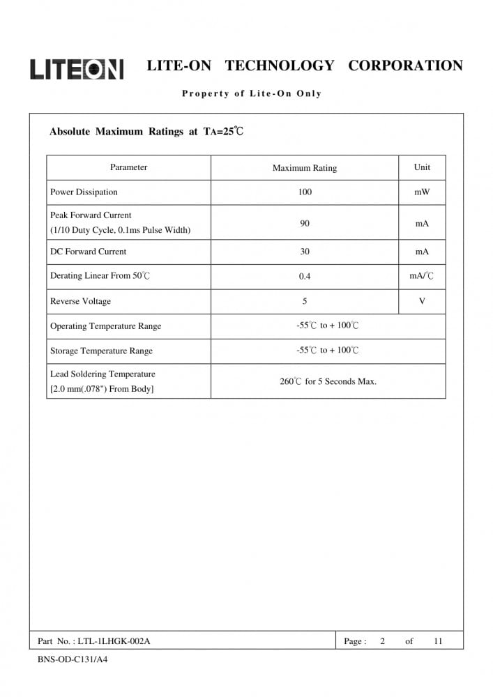 LTL-1LHGK-002A datasheet page 3