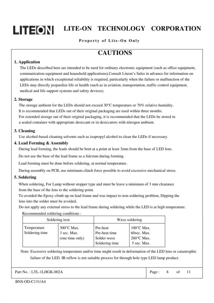 LTL-1LHGK-002A datasheet page 9