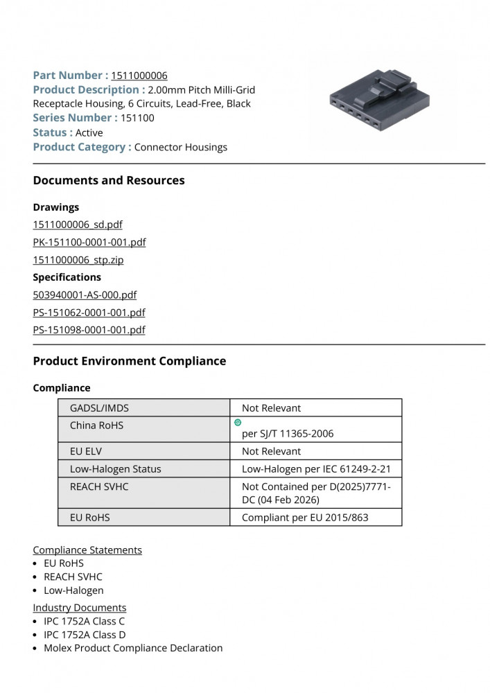 MOLEX Milli-Grid product specification page 1