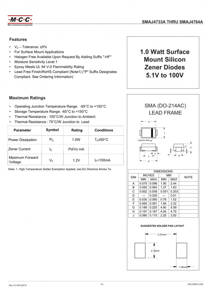 MCC SMAJ4742A-TP datasheet page 1