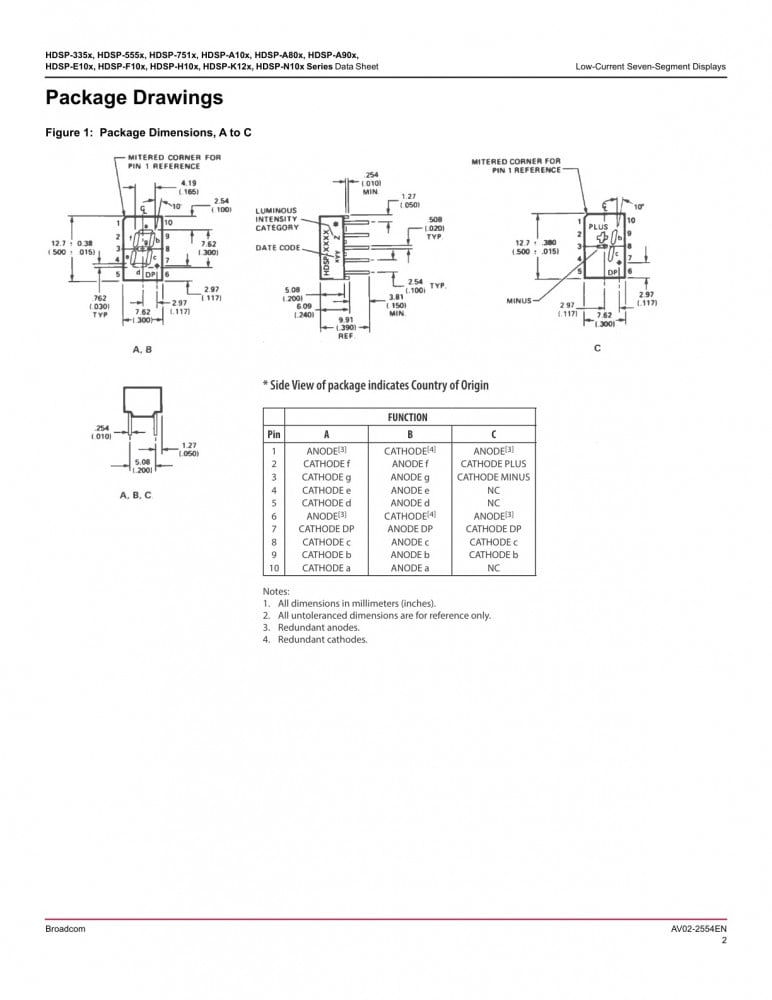 Broadcom low-current seven-segment display datasheet page 2