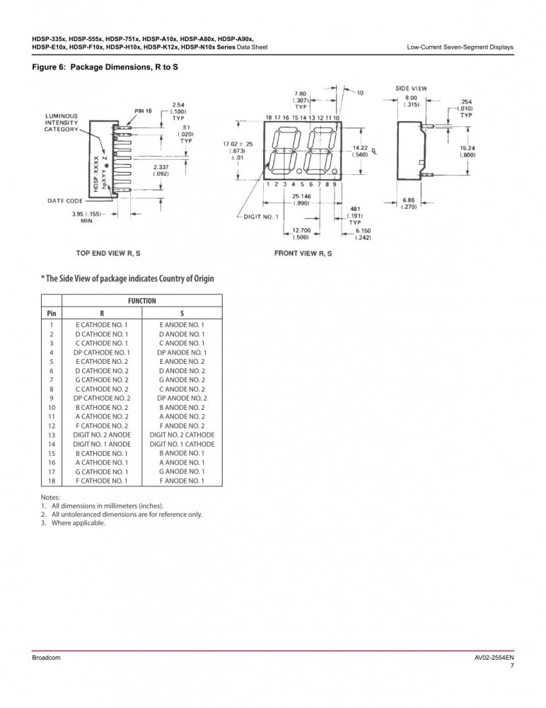 Broadcom low-current seven-segment display datasheet page 7