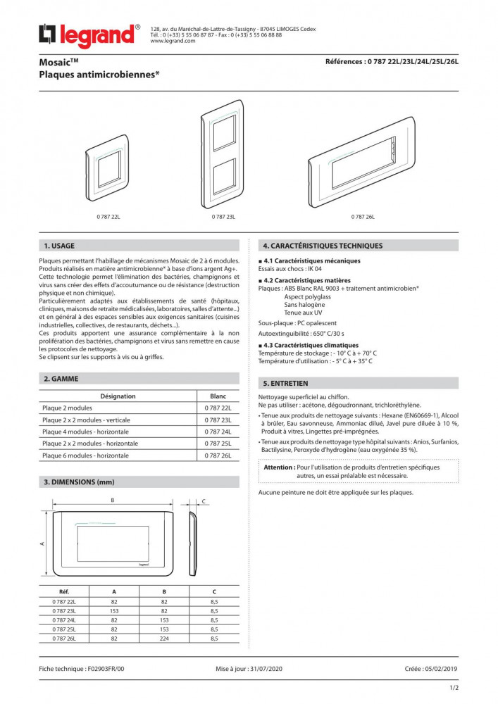 Legrand Mosaic antimicrobial cover plate technical document, image 1