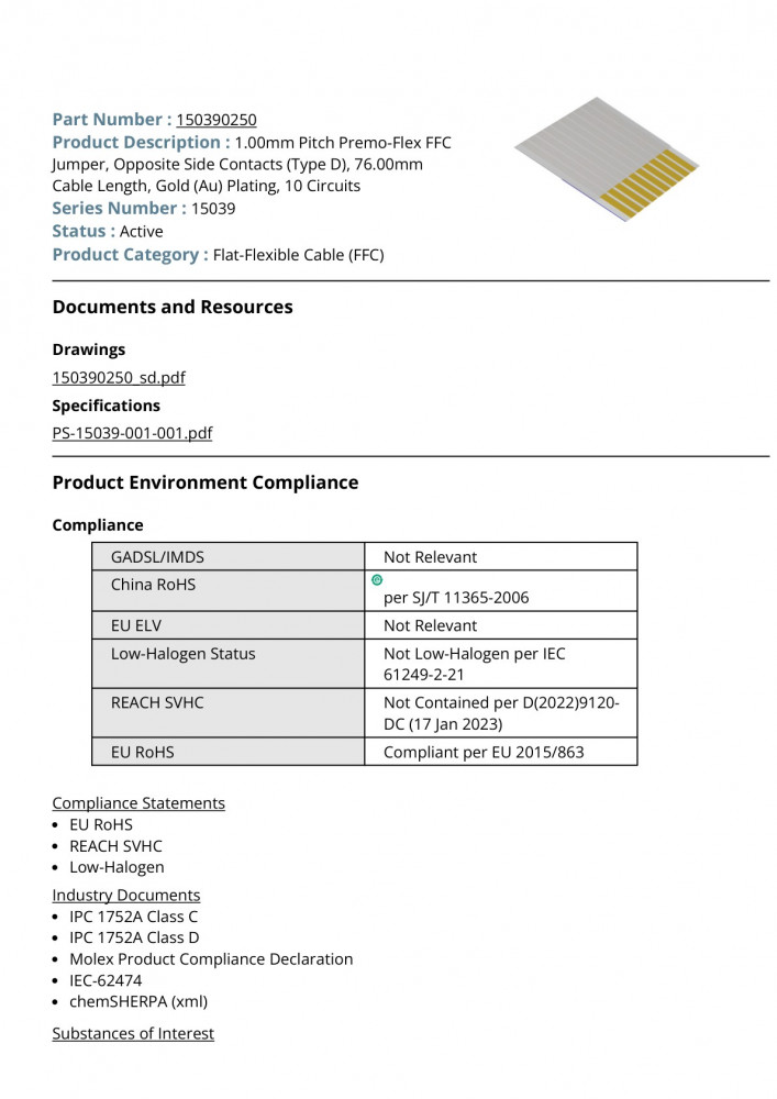 MOLEX FFC family specification, document page image 1